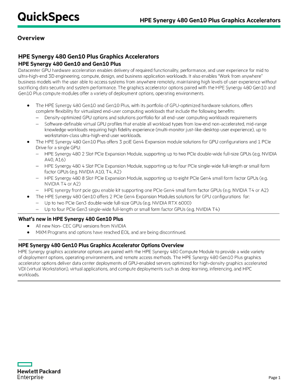 HPE Synergy 480 Gen10 Plus Graphics Accelerators HPE Synergy 480 Gen10 Plus Graphics Accelerators