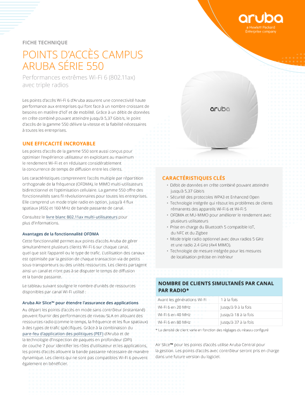 Fiche technique des points d’accès campus Aruba série 550 Fiche technique des points d’accès campus Aruba série 550