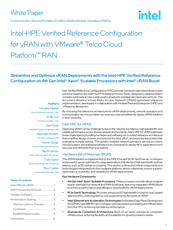 Intel Hpe Verified Reference Configuration For Vran With Vmware Telco Cloud Platform Ran