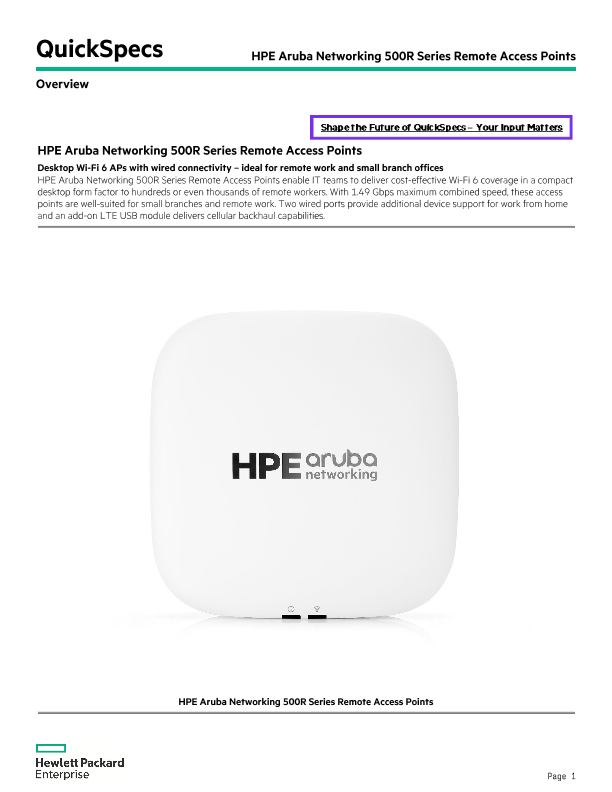 HPE Aruba Networking 500R Series Remote Access Points HPE Aruba Networking 500R Series Remote Access Points