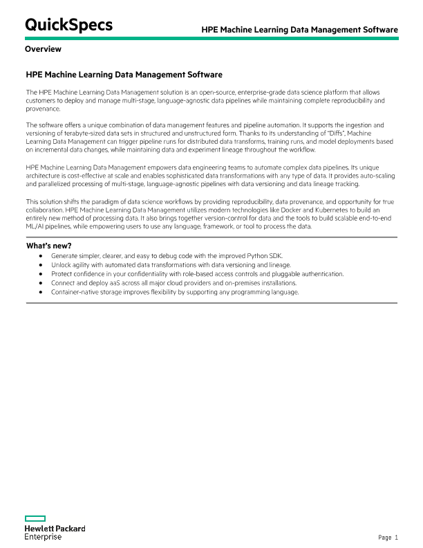 HPE Machine Learning Data Management Software HPE Machine Learning Data Management Software