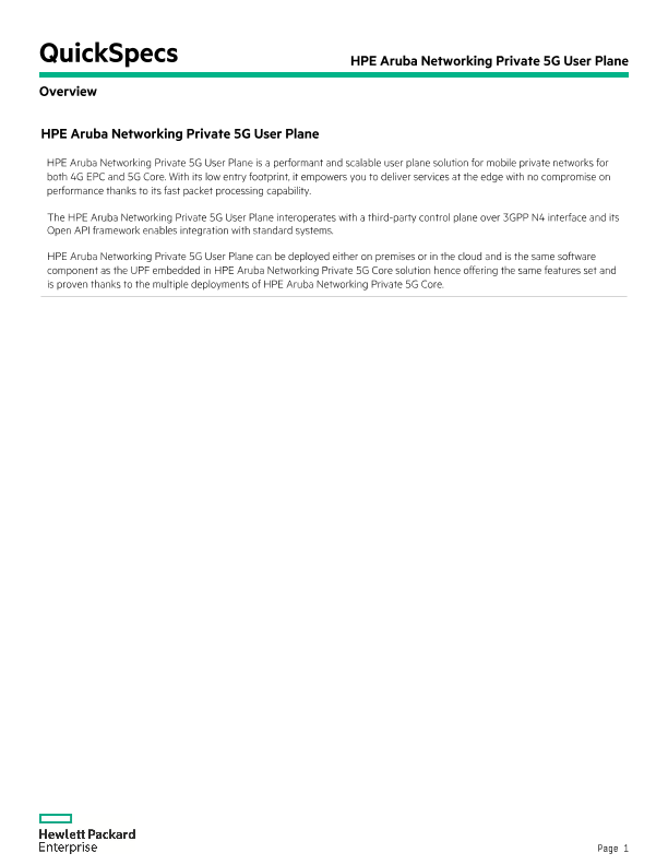 HPE Aruba Networking Private 5G User Plane HPE Aruba Networking Private 5G User Plane